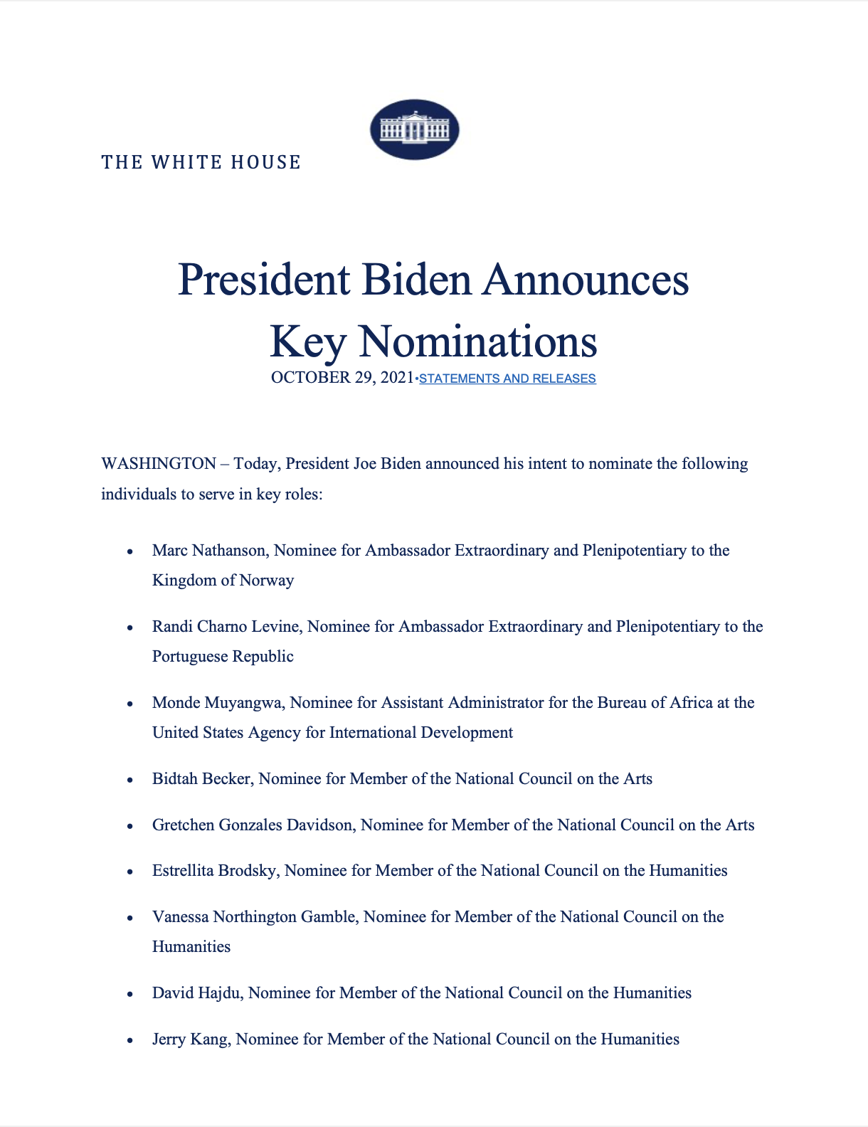 President Biden Announces Key Nominations - Falcon Water Free
